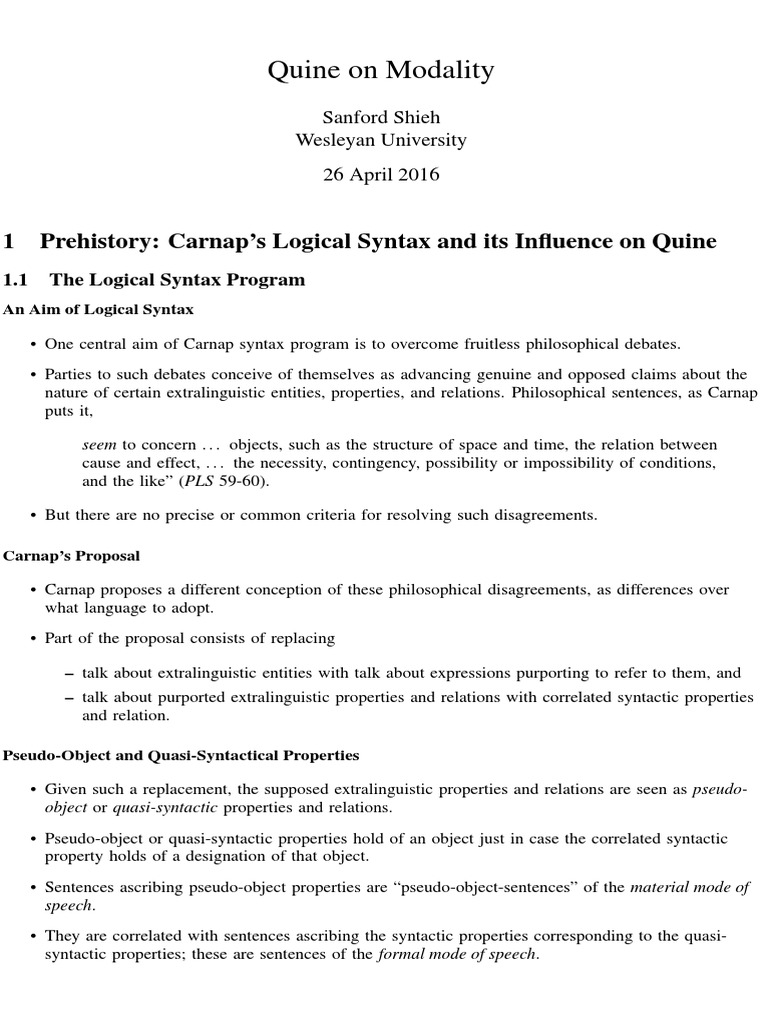 Shieh - Quine On Modality - Handout | PDF | Logical Truth | Modal Logic