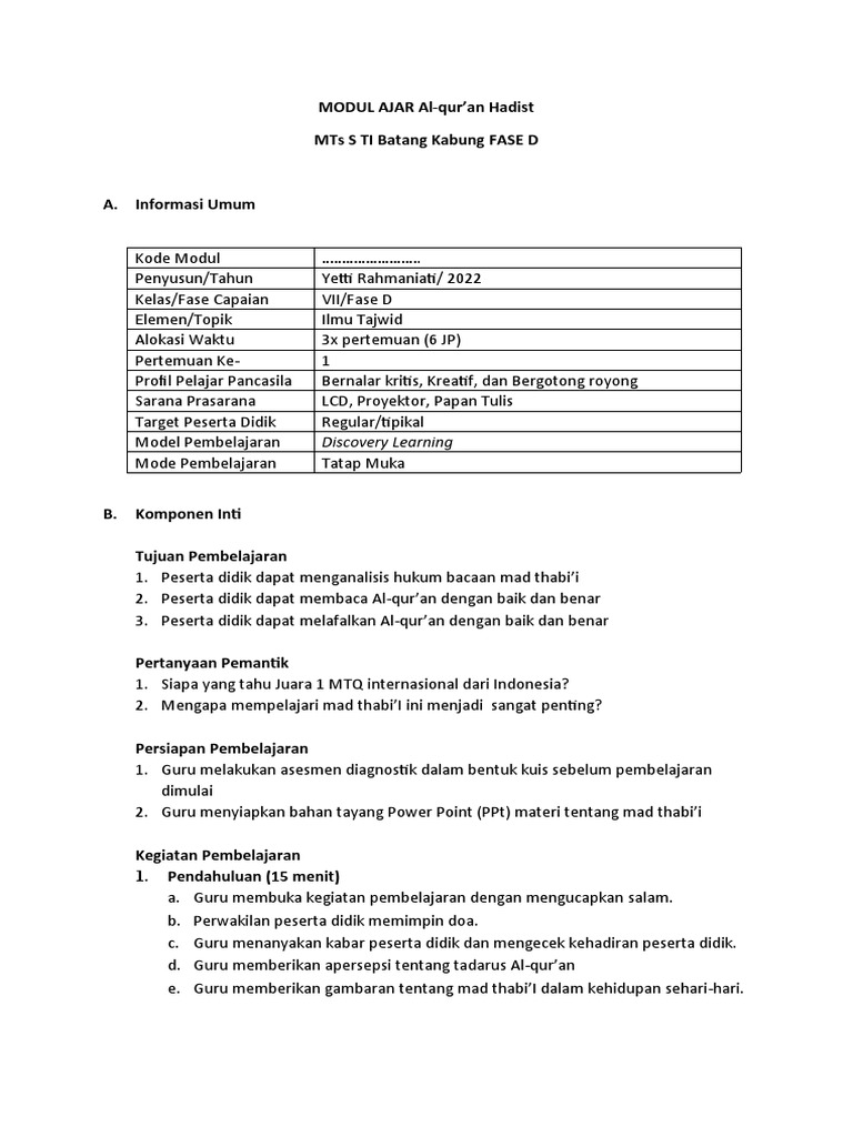 Form A3, Modul Ajar Kelas VII Kurmer | PDF
