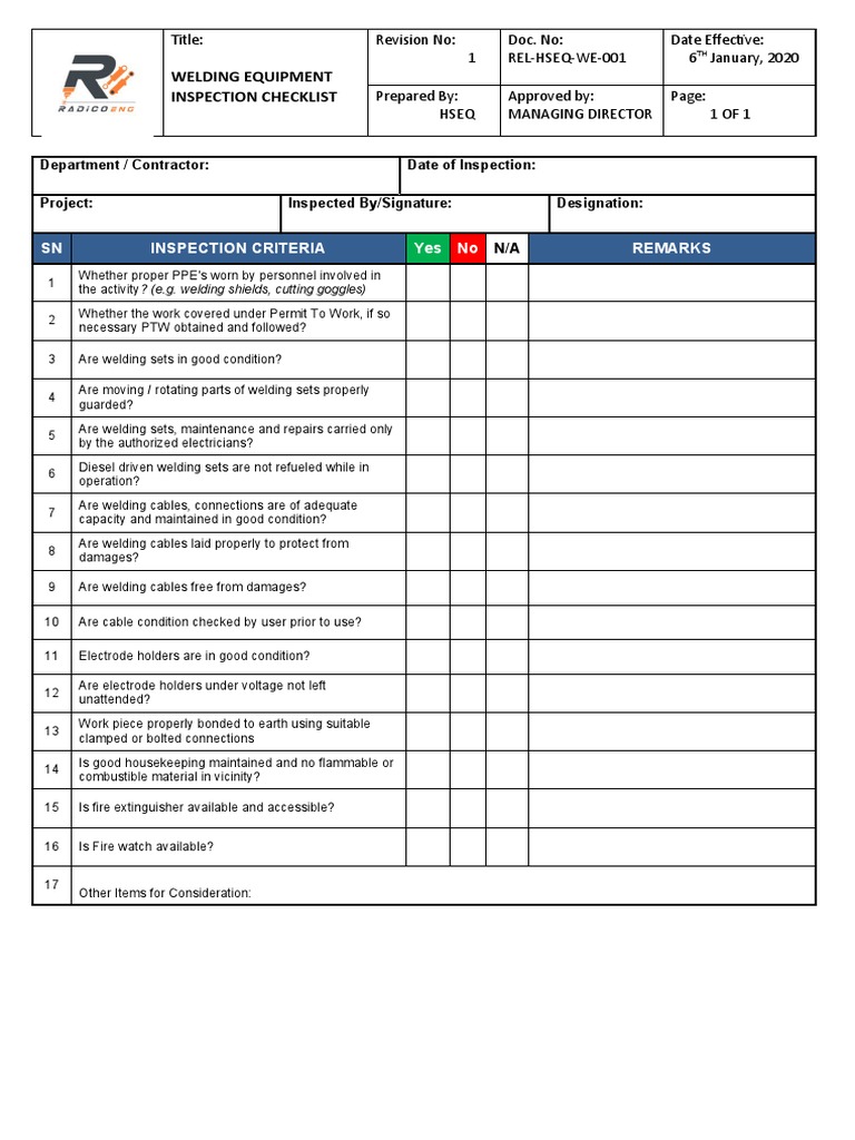 Welding Equipment Inspection Checklist | PDF