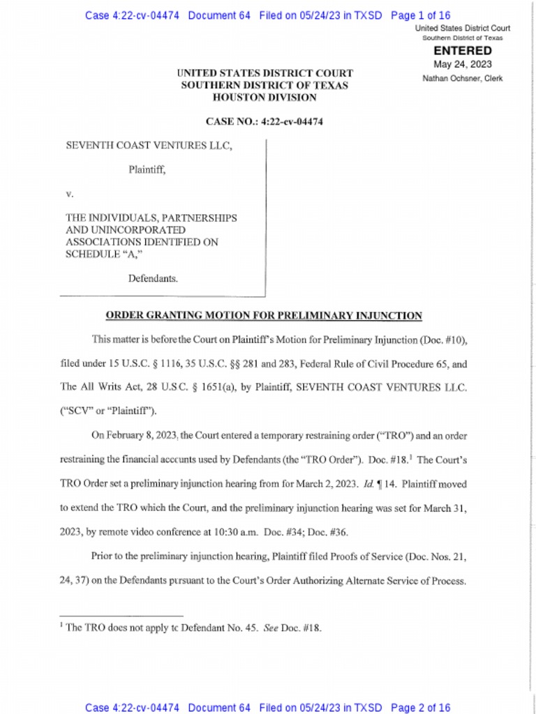 Seventh Coast v. Schedule A (SDTX) - Order Granting PI | PDF