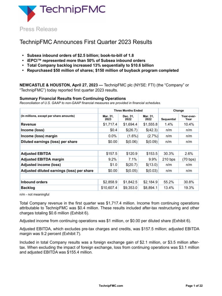 Technipfmc q1 2023 Results Press Release | Download Free PDF | Expense | Economies