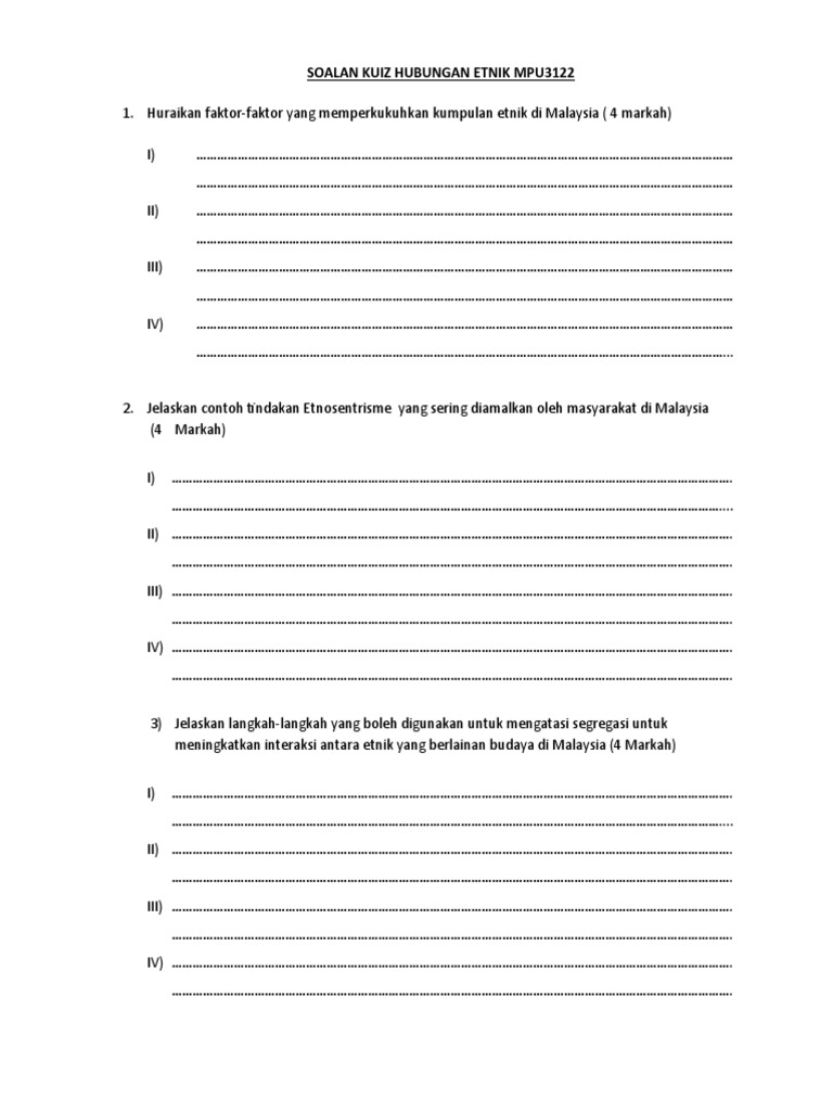 Soalan Kuiz Hubungan Etnik Mpu3122 | PDF