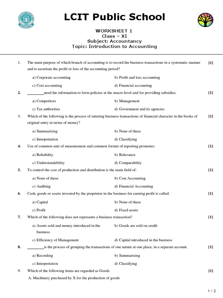 Class XI Accountancy Worksheet | PDF | Accounting | Financial Accounting