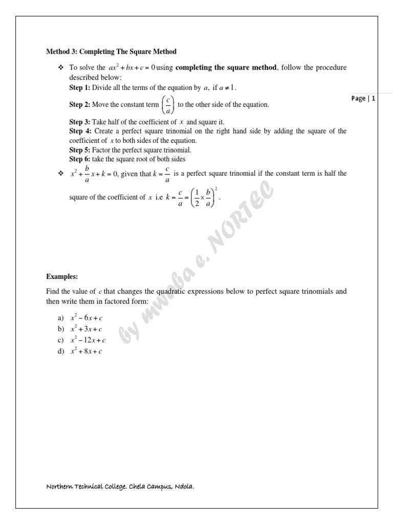 Quadratic Equations - Completing The Square Method | PDF | Applied Mathematics | Mathematical ...