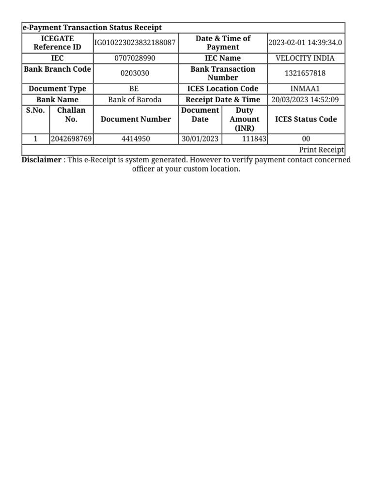 e-Payment Receipt for Custom Duty | PDF