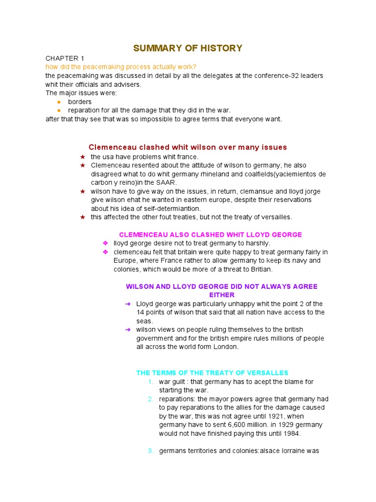 Summary of History | PDF | Treaty Of Versailles | World War I Reparations