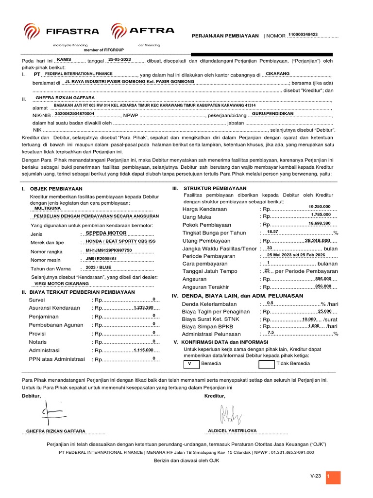 Perjanjian Pembiayaan Vehicle | PDF