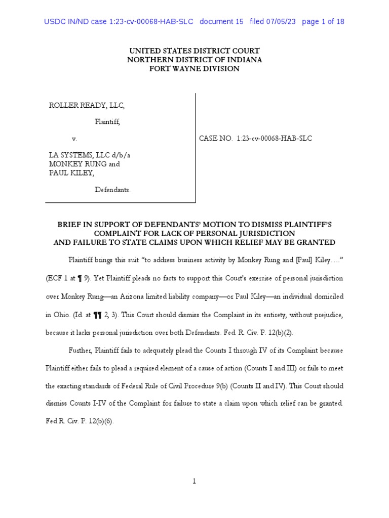 Defendants Motion to Dismiss for Lack of Personal Jurisdiction | PDF ...