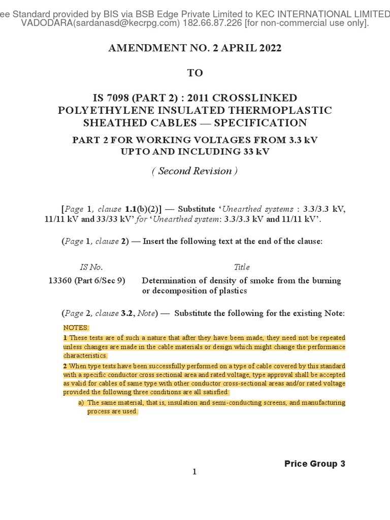 Amendment No. 2 April 2022 To Is 7098 (Part 2) : 2011 Crosslinked ...