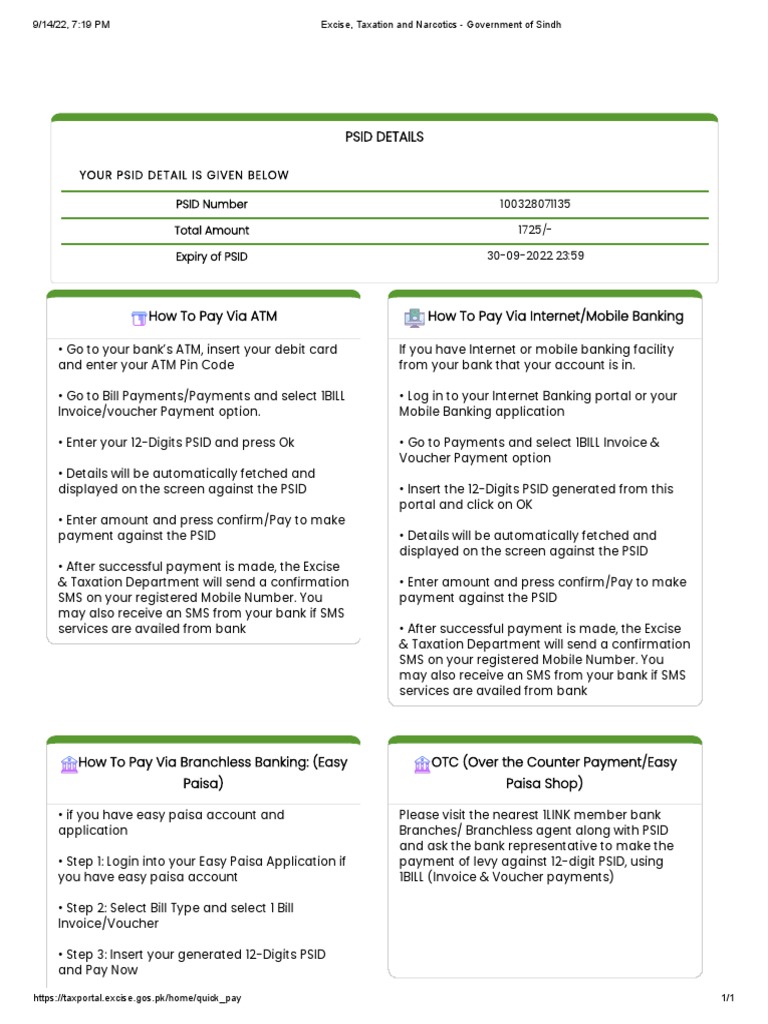 PSID Payment Guide for Sindh Excise | PDF | Voucher | Automated Teller Machine