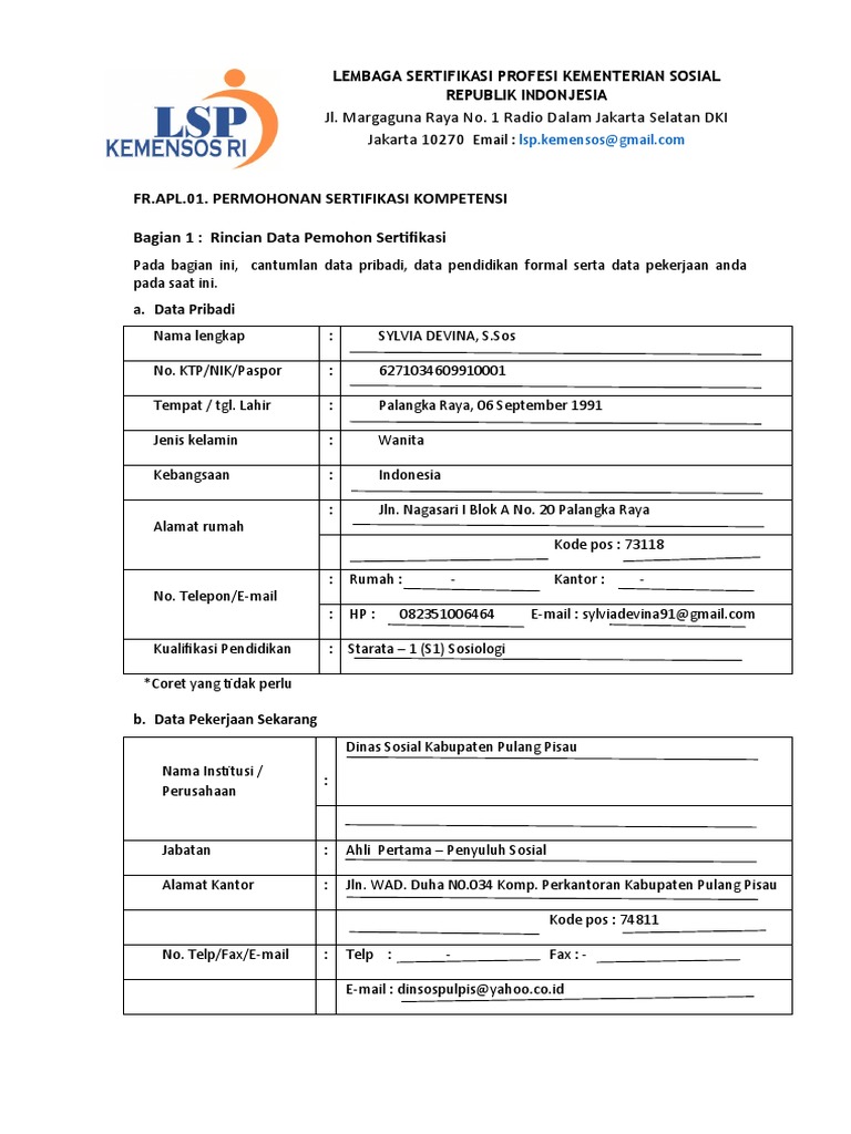 06 FR APL 01 - Permohonan Sertifikasi JF Pensos LSP Kemensos | PDF