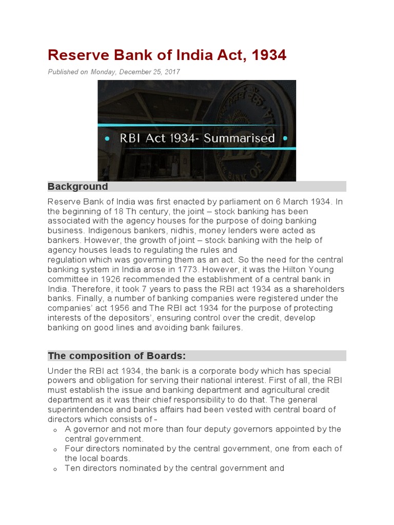 RBI Act - 1934 | PDF | Reserve Bank Of India | Banks