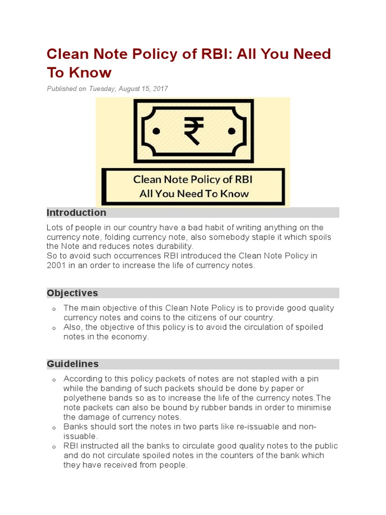 Clean Note Policy of RBI | PDF | Reserve Bank Of India | Banknote