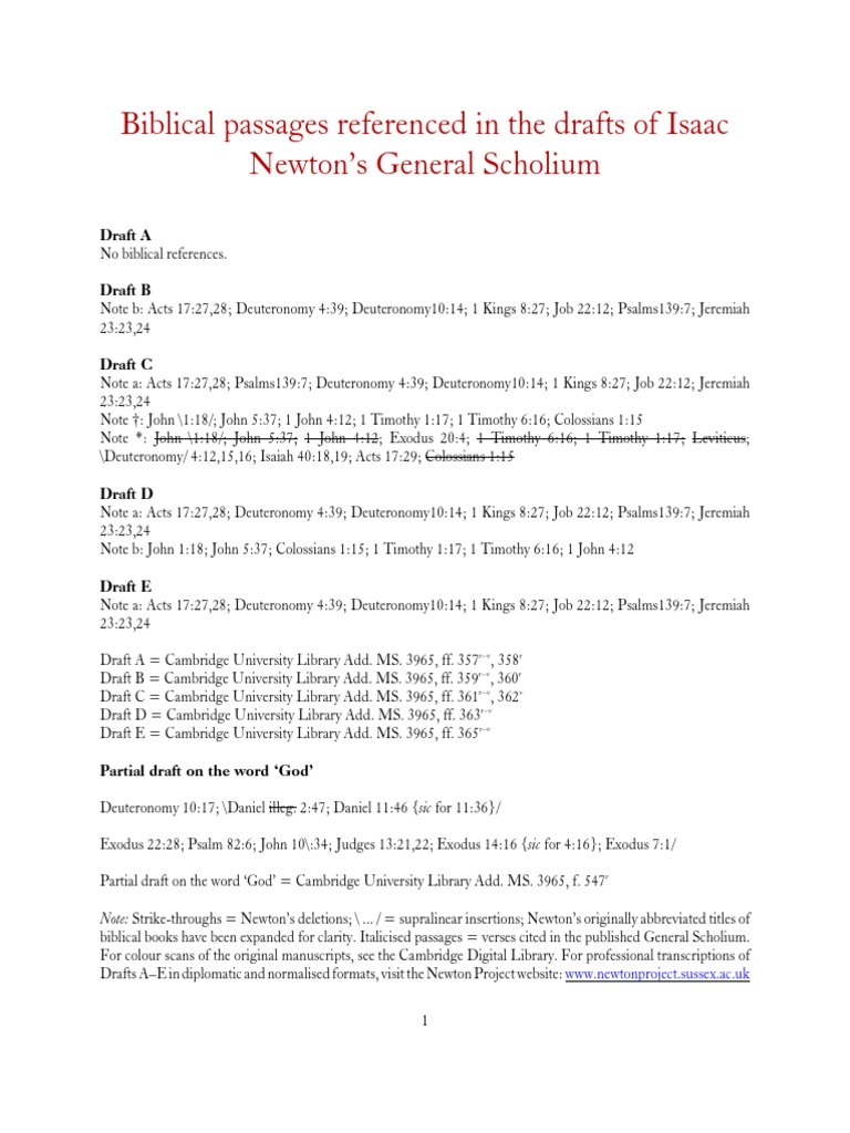 Biblical Passages Referenced in The Drafts of Newtons General Scholium ...