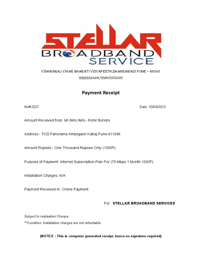 Internet Subscription Payment Receipt | PDF | Finance & Money Management