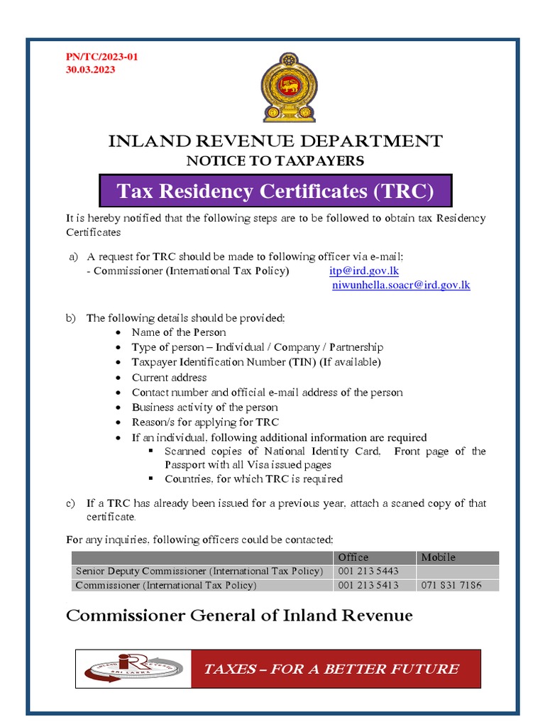Tax Residency Certificates (TRC) : Inland Revenue Department | PDF ...