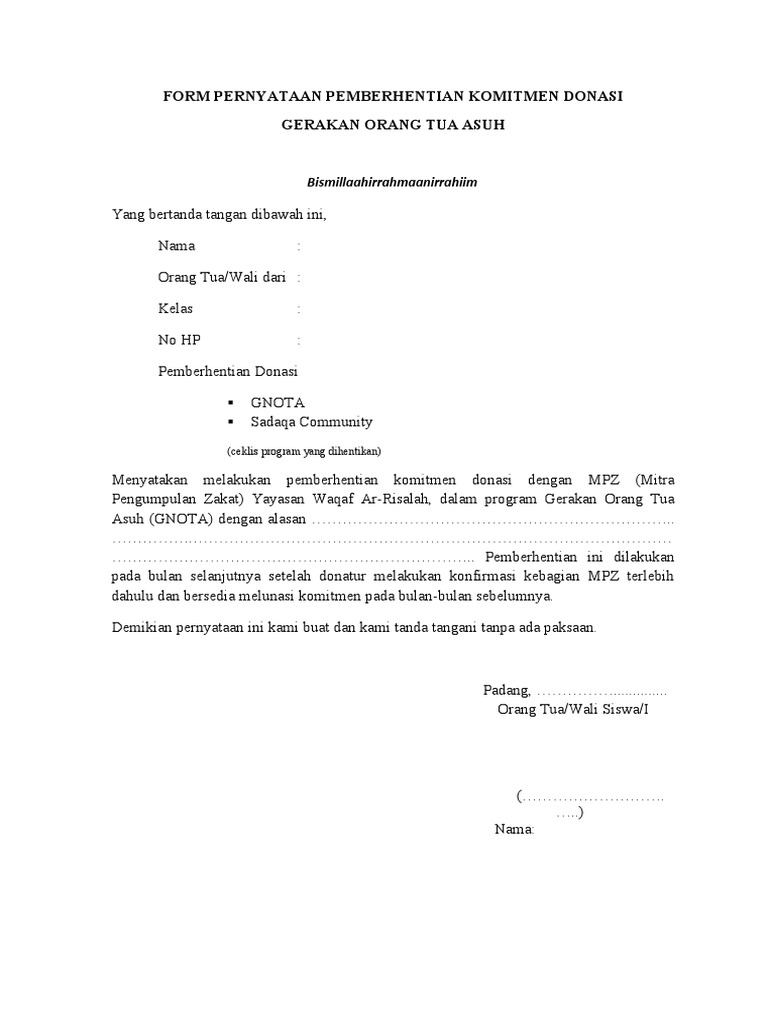 Form Pernyataan Pemberhentian Komitmen Donasi | PDF | Ilmu Sosial