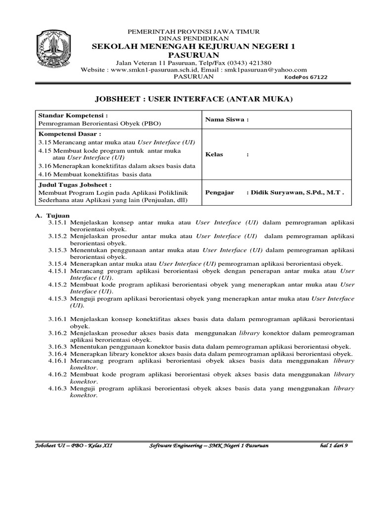 Jobsheet User Interface Dan Database Login Poliklinik-Bagian 1 (Revisi) | PDF