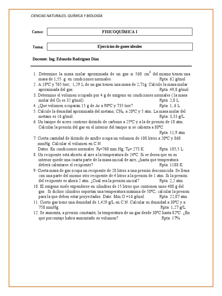 Ejercicios de Gases Ideales | PDF | Gases | Metano