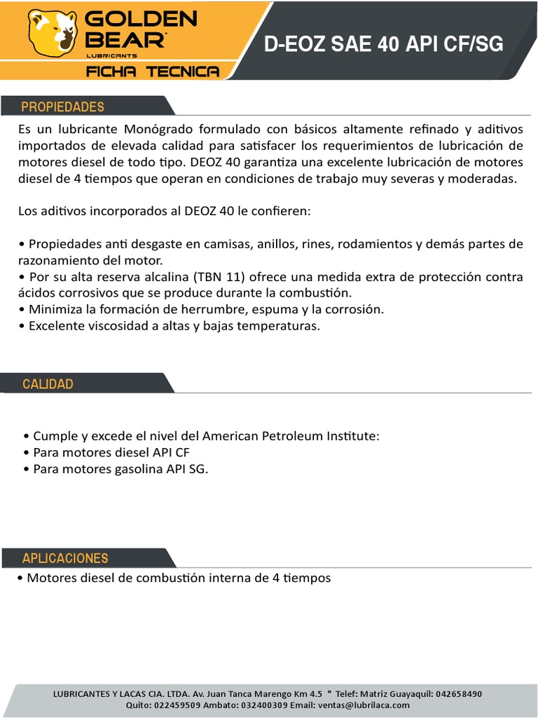 4 Ficha Tecnica Deoz Sae 40 API CF SG | PDF | Lubricante | Petróleo