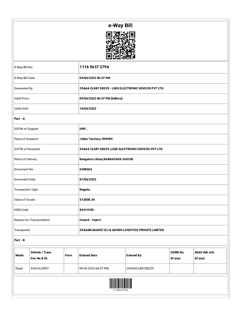 E-Way Bill for HSN 85414100 Shipment | PDF