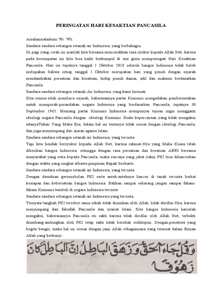 PIDATO PERINGATAN HARI KESAKTIAN PANCASILA | PDF