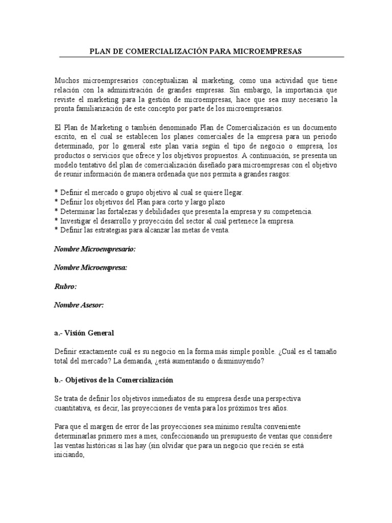 Plan Comercializacion Microempresas | PDF | Marketing | Mercado (economía)
