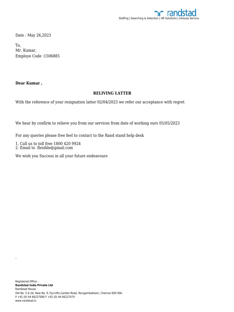 Relieving Letter for Mr. Kumar | PDF