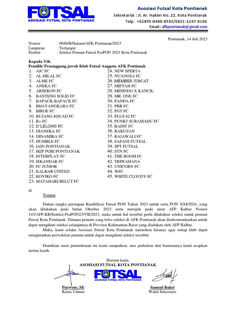 Surat Pemanggilan Seleksi Pemain PraPON 2023 | PDF