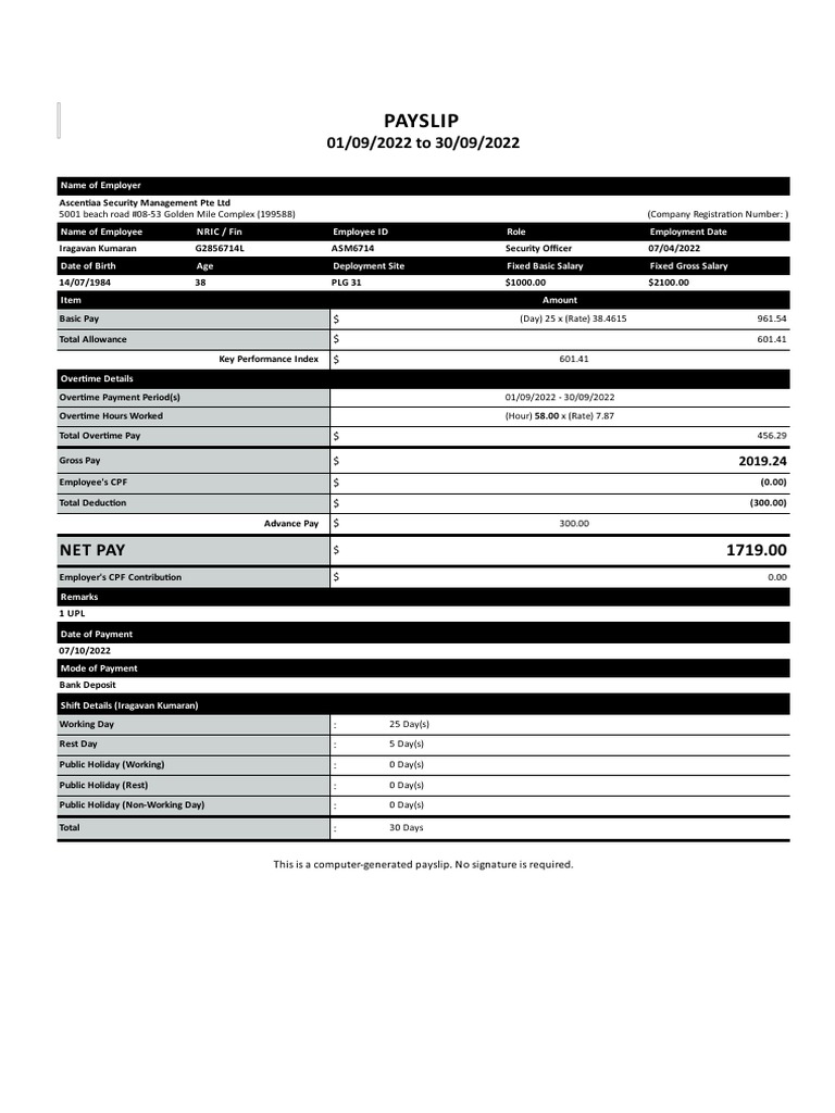 September 2022 Payslip for Security Officer | PDF | Employment Compensation | Expense
