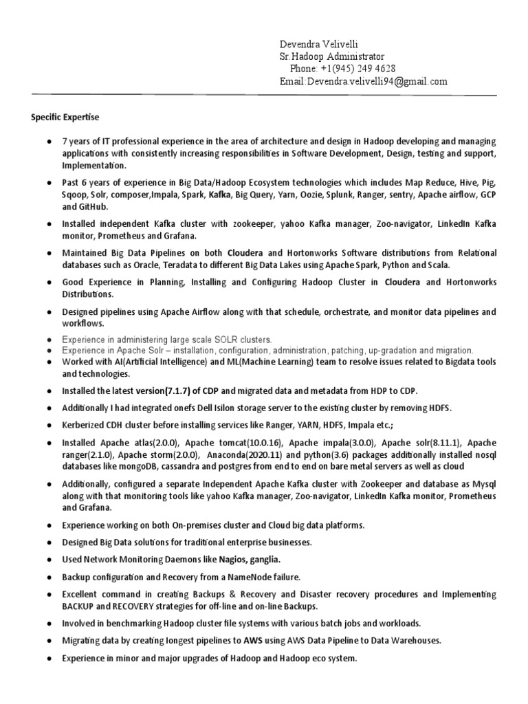 Dice Resume CV Devendra Velivelli | PDF | Apache Hadoop | Map Reduce