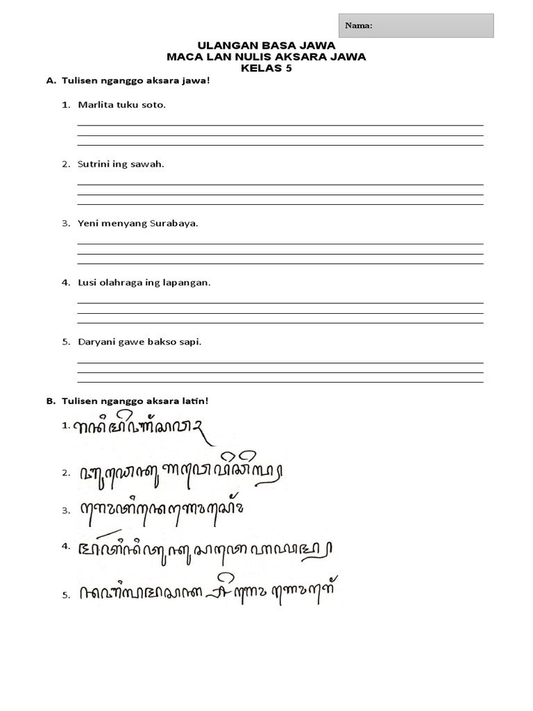 Ulangan Basa Jawa Kelas 5 Nulis Aksara Jawa | PDF