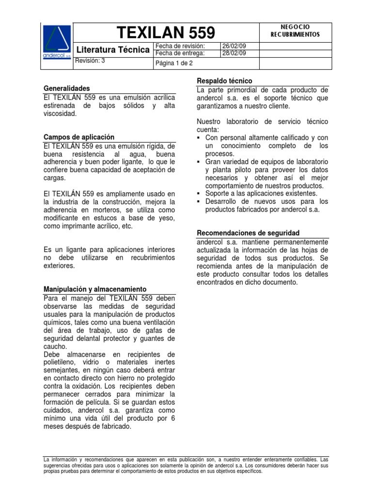 TEXILÁN 559: Emulsión Acrílica Estirenada | PDF | Laboratorios | Química
