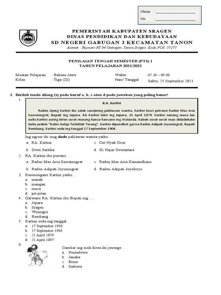 Soal PTS Kls 3 Bhs Jawa Semester 1 2021 2022 | PDF | Griya & Taman