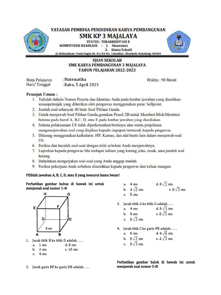 Soal Us Matematika 2022-2023 | PDF