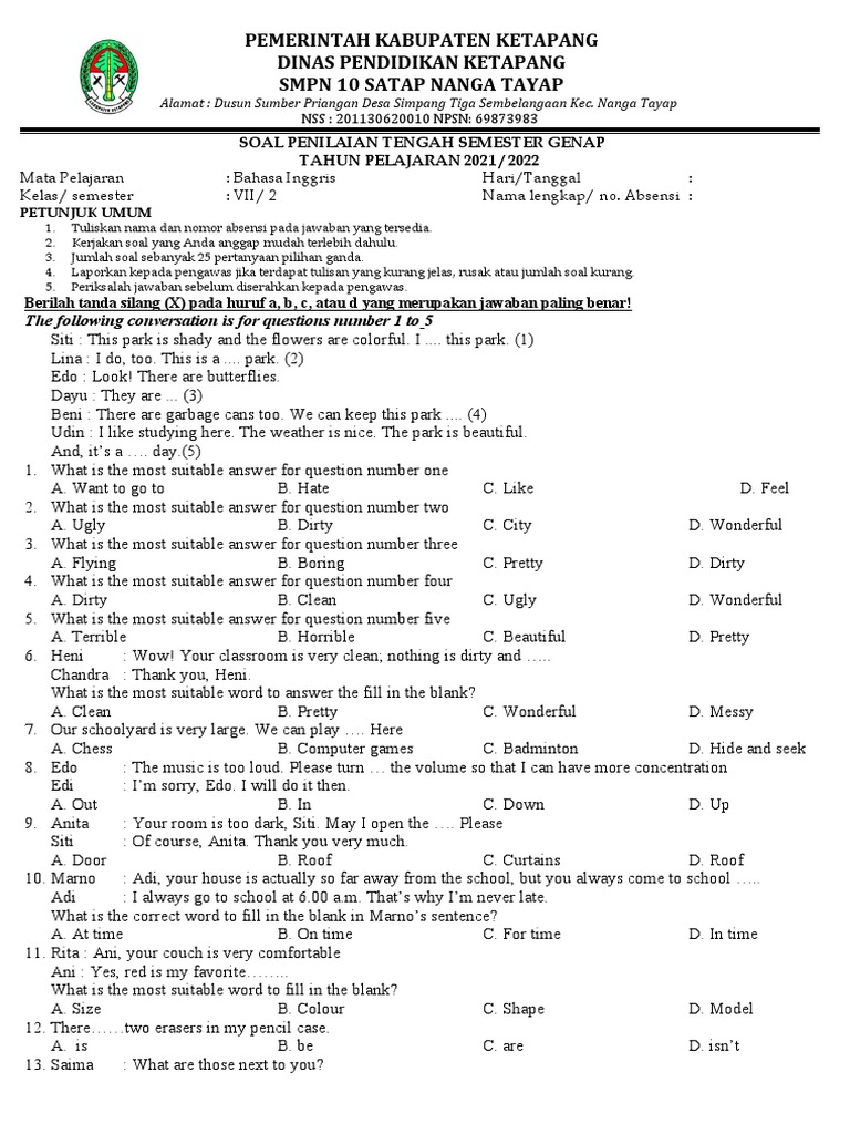 Soal UTS B.Ing Kls 7 - Genap | PDF | Room | Interior Design