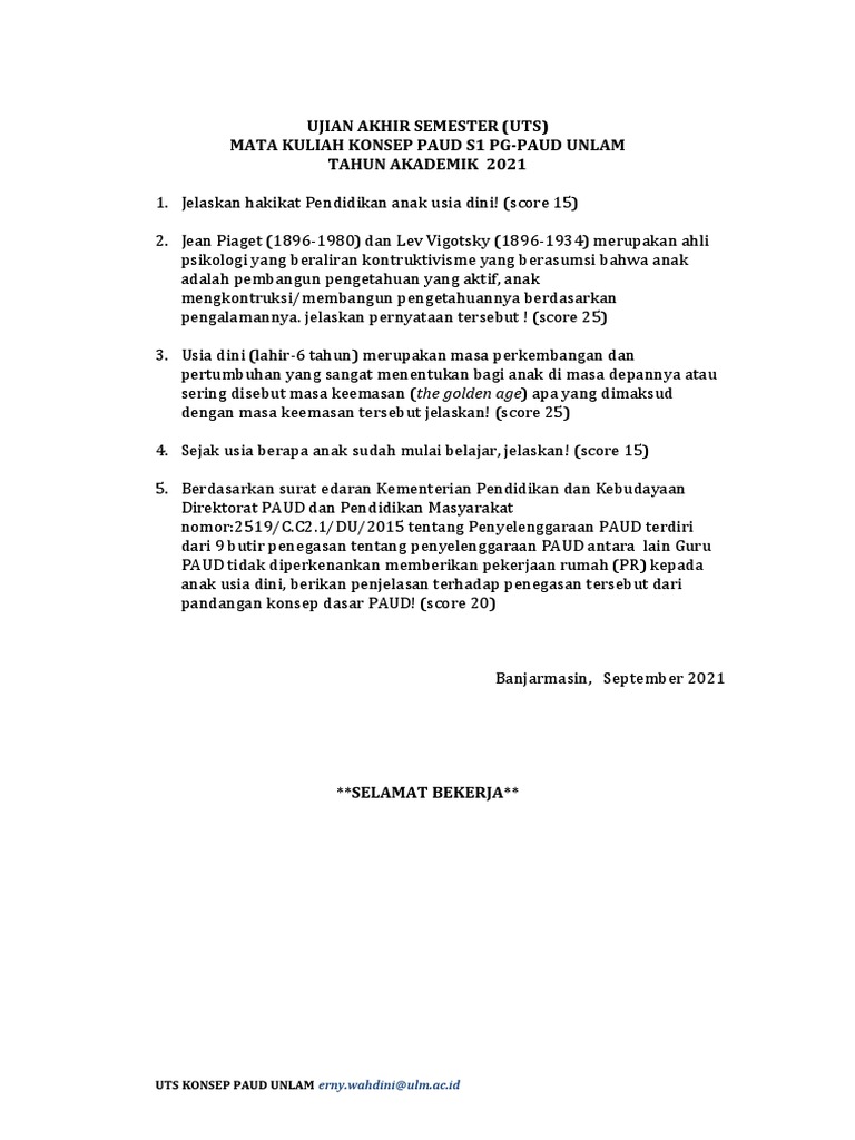 Uts Konsep Paud Unlam Ta. 2021 | PDF
