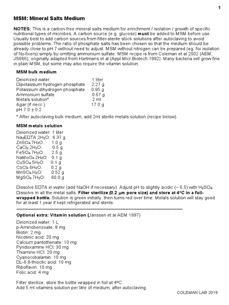 MSM Medium Updated 2019 | PDF | Magnesium | Water