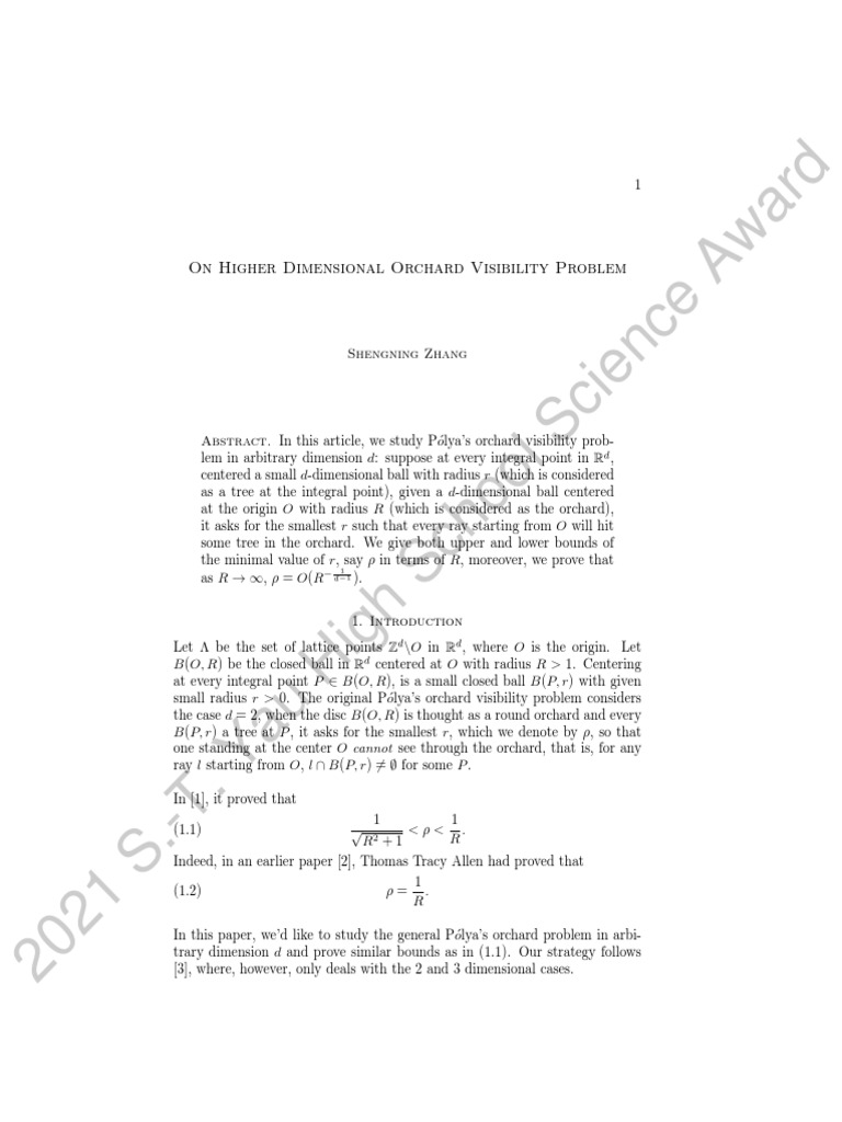 2021 S.-T. Yau High School Science Award: On Higher Dimensional Orchard Visibility Problem | PDF ...