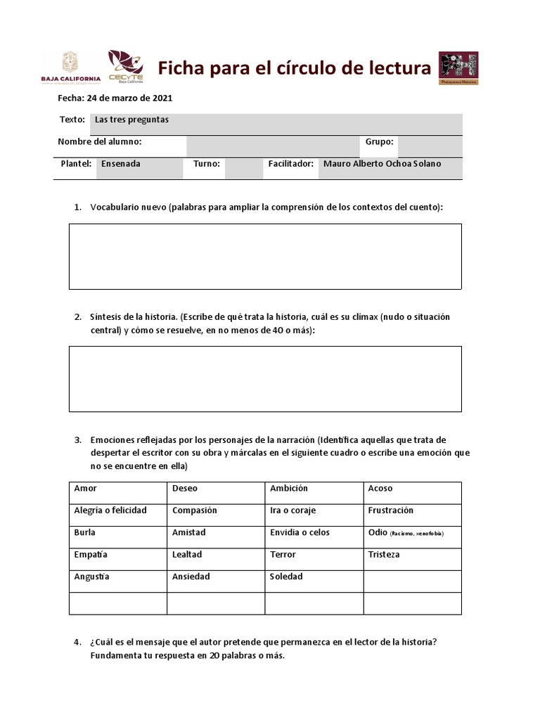 Ficha en Word para Cuestionario Del Círculo de Lectura | PDF