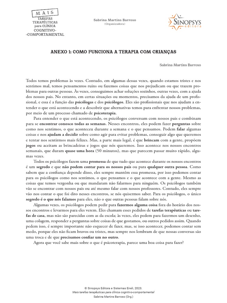 Livro Mais Tarefas Terapeuticas - Sinopsys Editora - ANEXOS | PDF ...