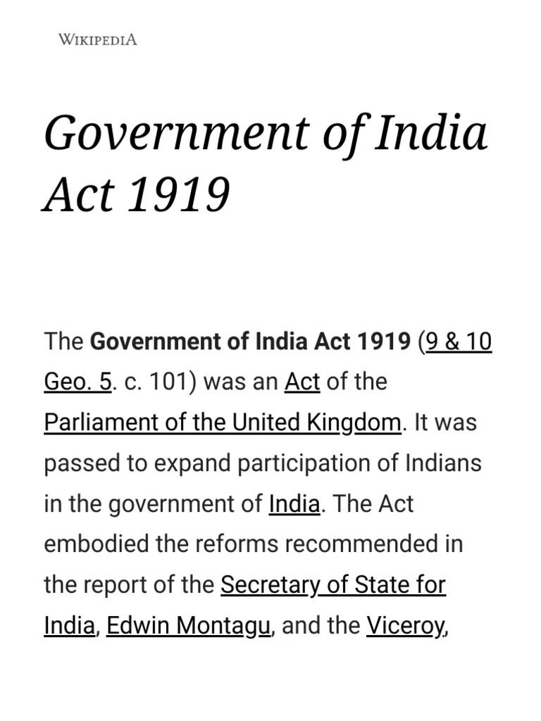 Government of India Act 1919 - Wikipedia | PDF | British Raj | Public Law