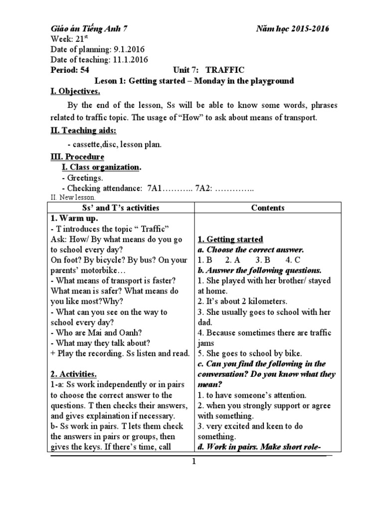 Period: 54 Unit 7: Traffic Leson 1: Getting Started - Monday in The ...