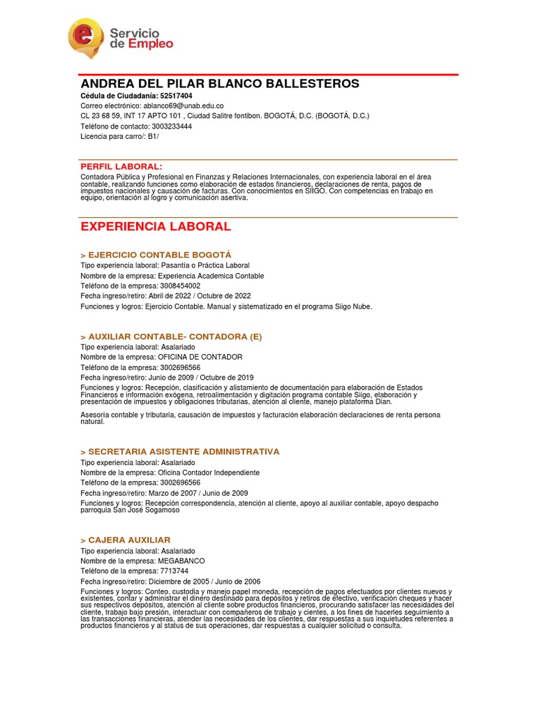 Andrea Del Pilar Blanco Ballesteros: Experiencia Laboral | PDF ...