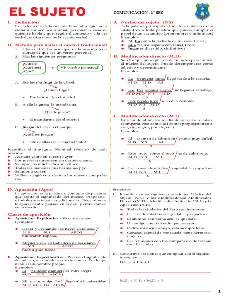 Sujeto y Predicado: Ejercicios y Definiciones | PDF | Asunto (gramática ...