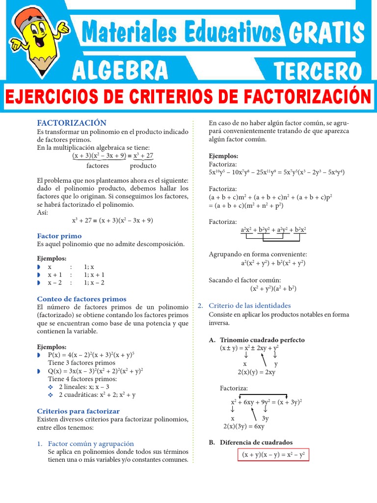 Ejercicios de Criterios de Factorización para Tercer Grado de Secundaria | Descargar gratis PDF ...