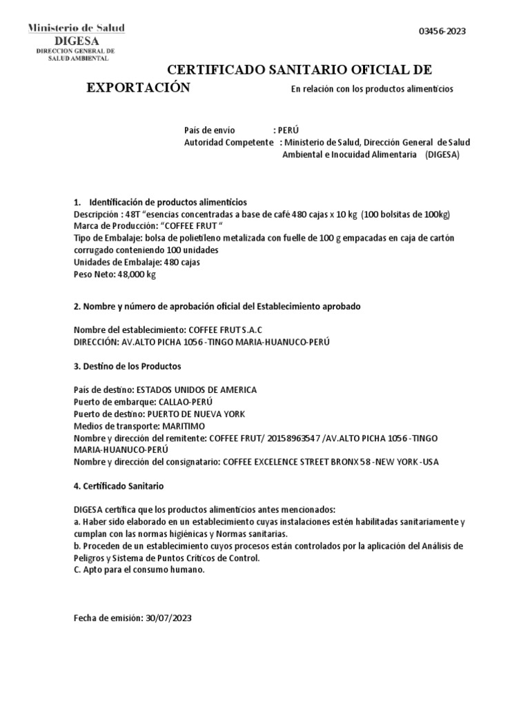 Certificado Sanitario Oficial de Exportación 2.0 | PDF