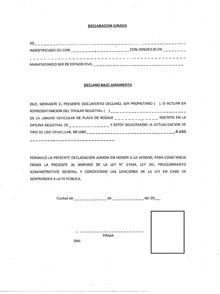 Formato Declaracion Jurada de Vehiculo | PDF