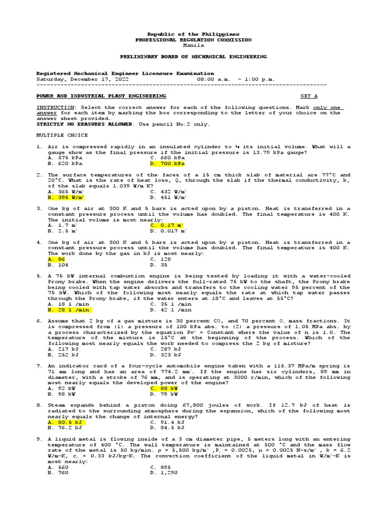 Me Final Preboard Pipe PRC Format Set A No Ans | PDF | Horsepower | Pump
