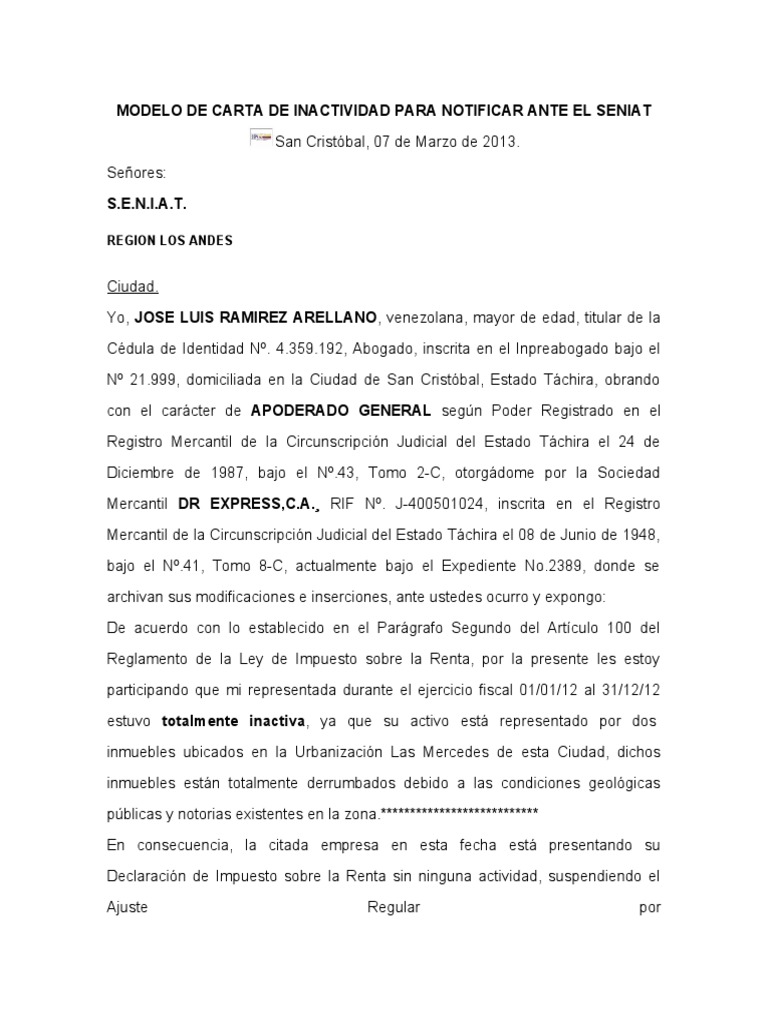 Modelo de Carta de Inactividad para Notificar Ante El Seniat | PDF Modelo de Carta de Inactividad para Notificar Ante El Seniat | PDF